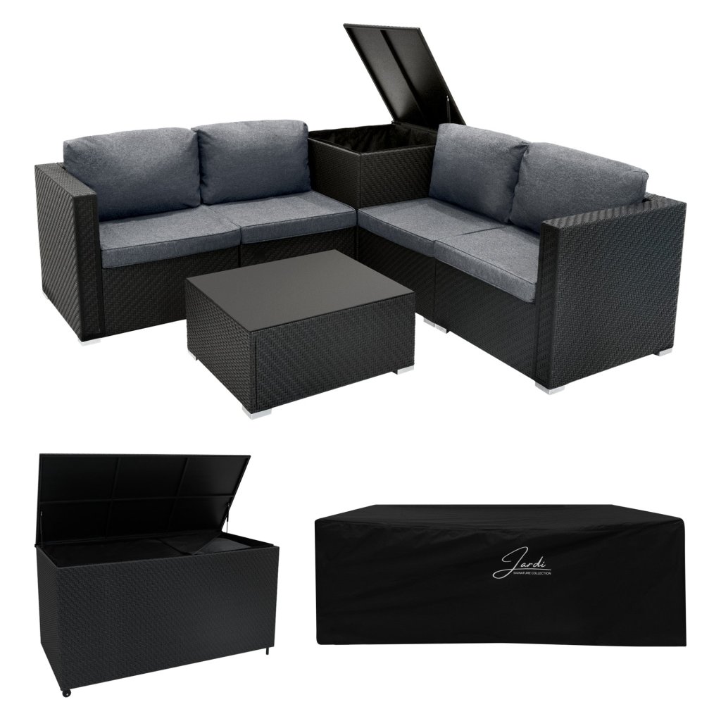 Rattan Modular 6 Piece Furniture Set & 700L Storage Box – Black - Yavolo