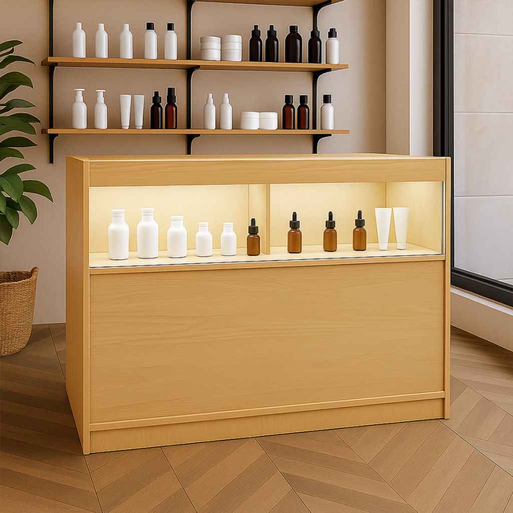 Maple LED Retail Shop Counter B1200 with Shelving: Yavolo
