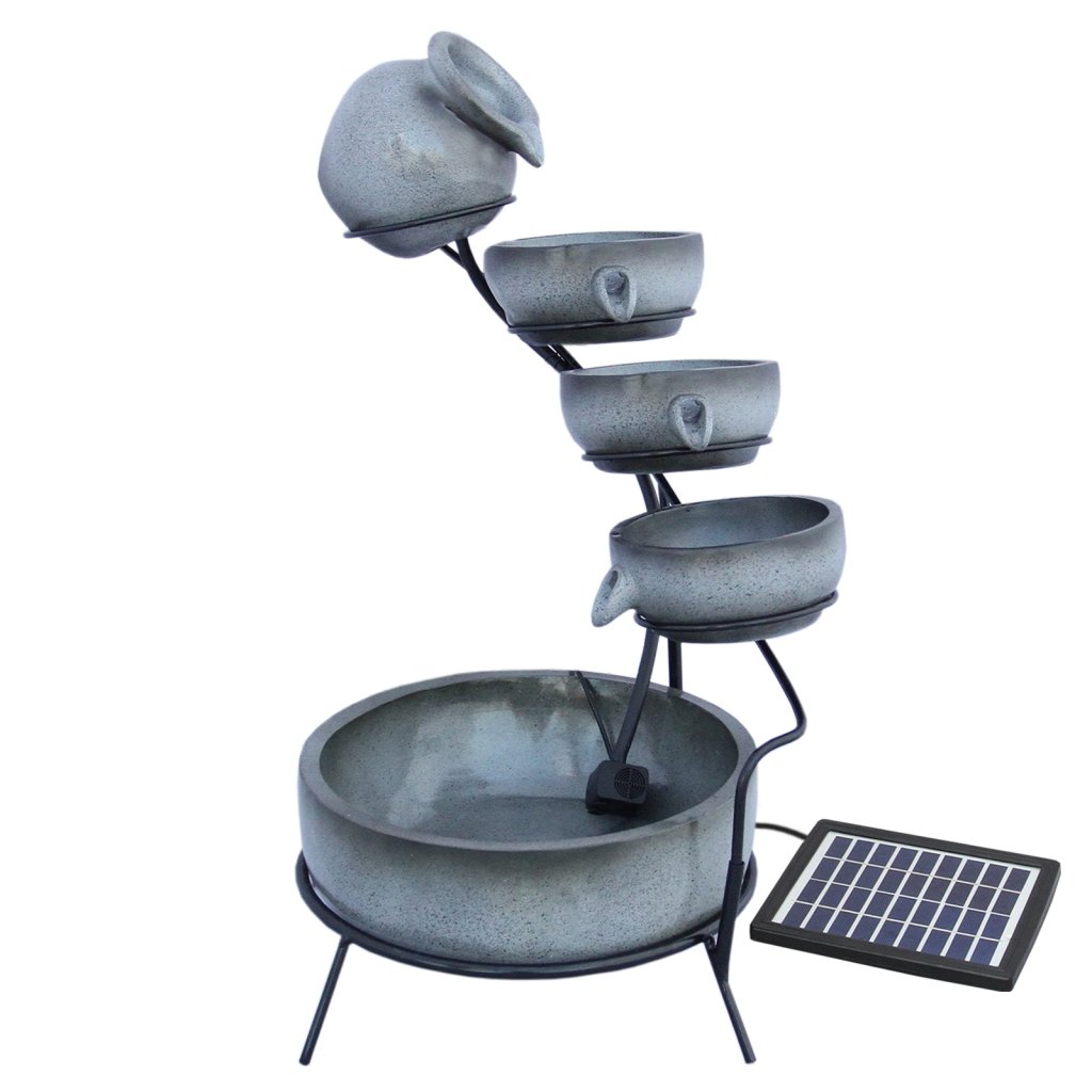 Solar-Powered Garden Water Feature with Cascading 4-Tier Bowls - Grey ...