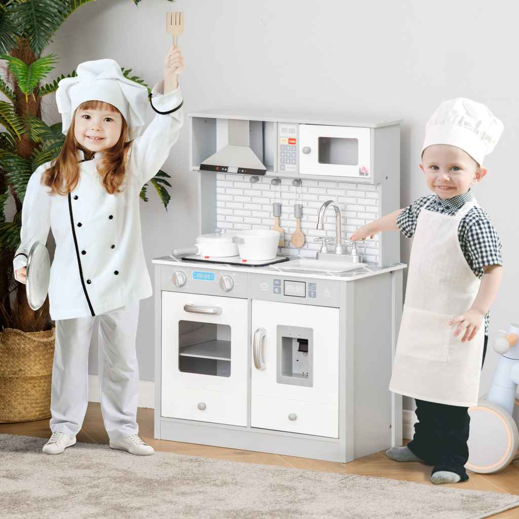 HOMCOM Kids Wooden Toy Kitchen Pretend Play Cooking Playset w/ Sound ...