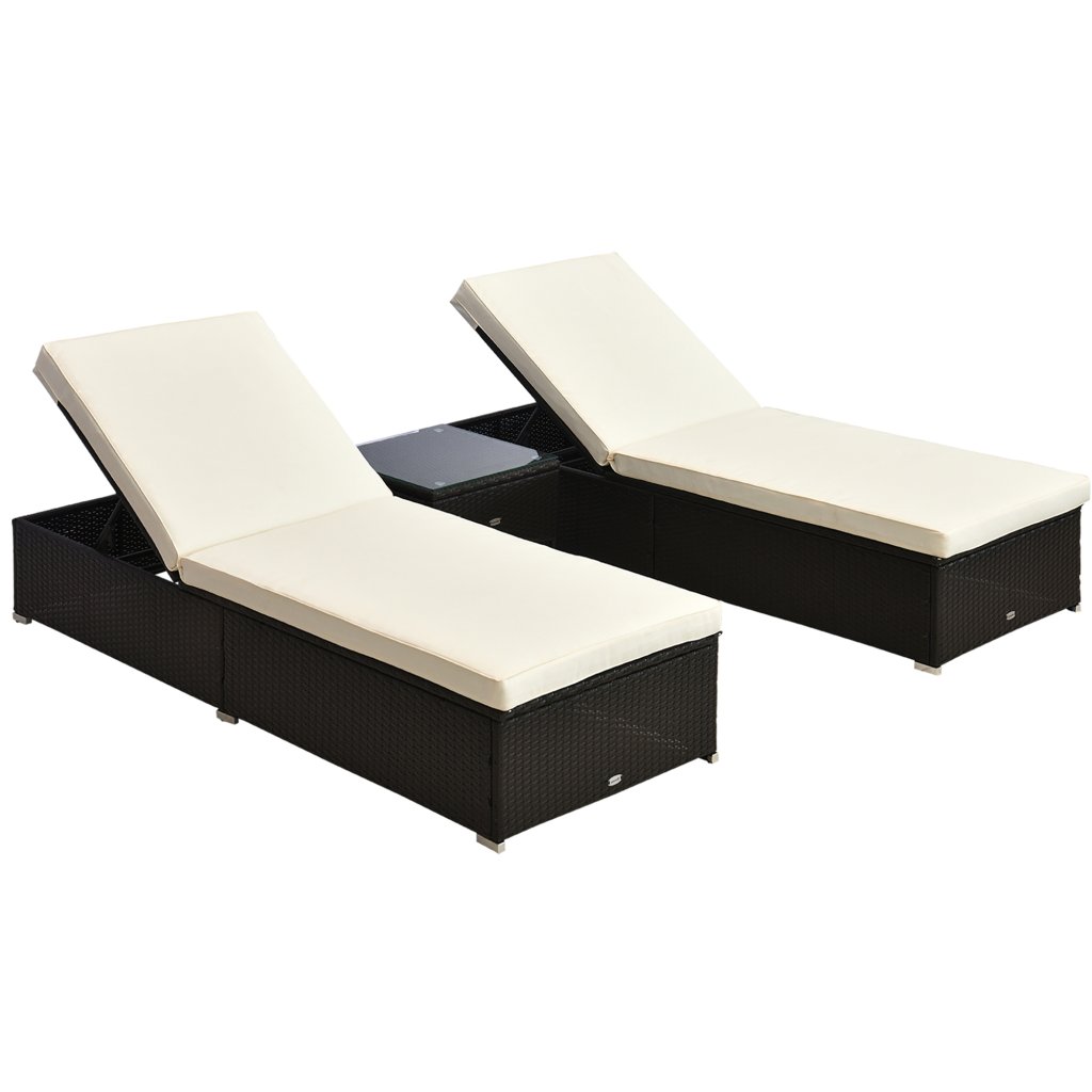 Outsunny 3 Pieces Rattan Sun Loungers with Side Table, 5-Level ...