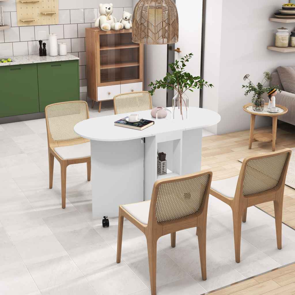 HOMCOM Mobile Folding Dining Table with Drop Leaf & Shelves - White: Yavolo