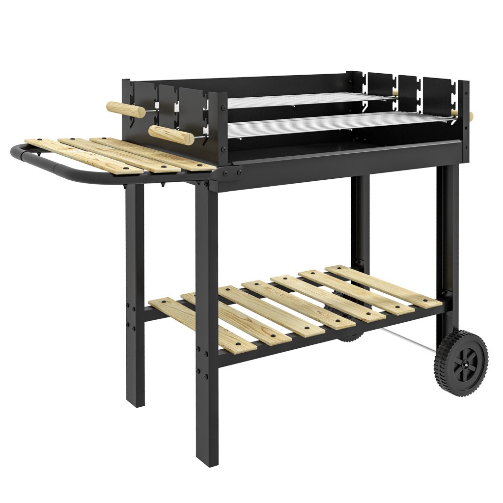 Outsunny Charcoal?BBQ?Grill, Barbecue?Trolley with Double Adjustable ...