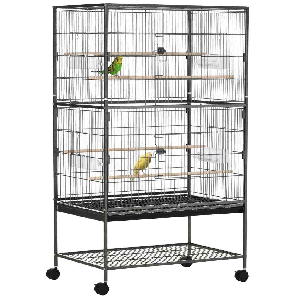 PawHut Large Bird Cage with Rolling Stand & Slide-out Tray - Dark Grey ...