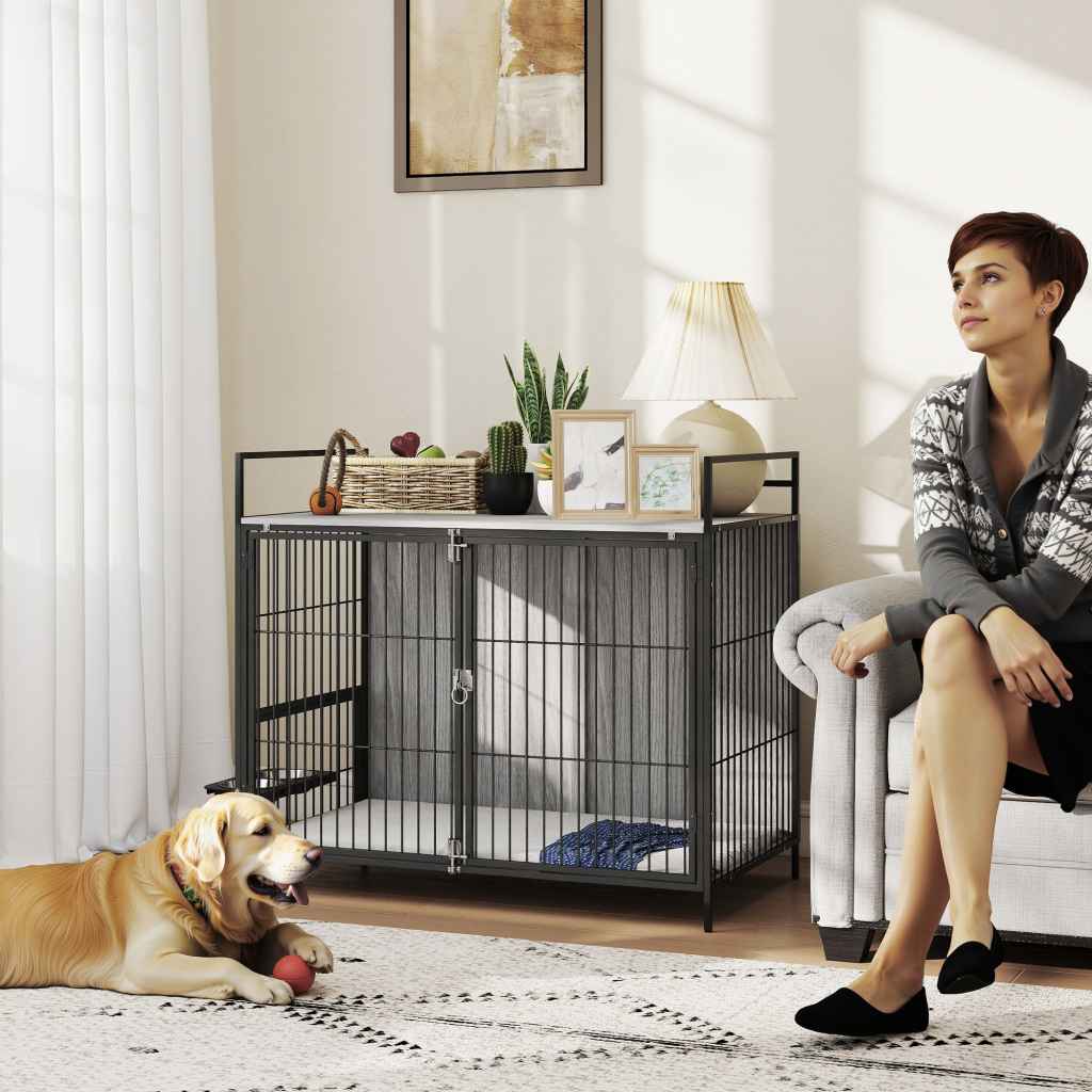 PawHut Dog Crate Furniture with 2 Rotatable Bowls, Dog Crate End Table ...