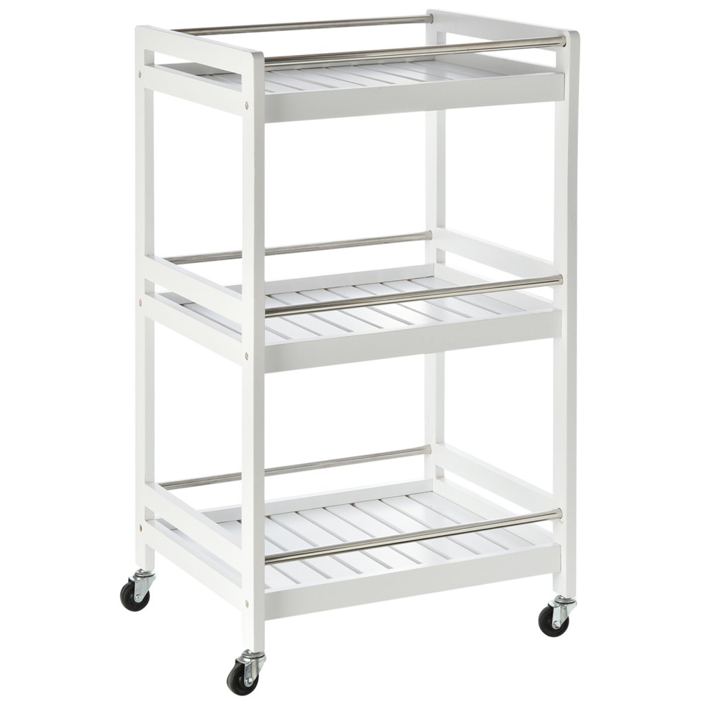 HOMCOM 3-Tier Kitchen Storage Cart with Steel Bars and Wheels - White ...