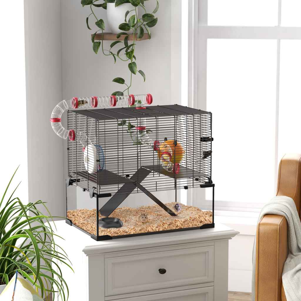 PawHut Large Hamster Cage, Gerbil Cage with Deep Glass Bottom, Tunnels ...