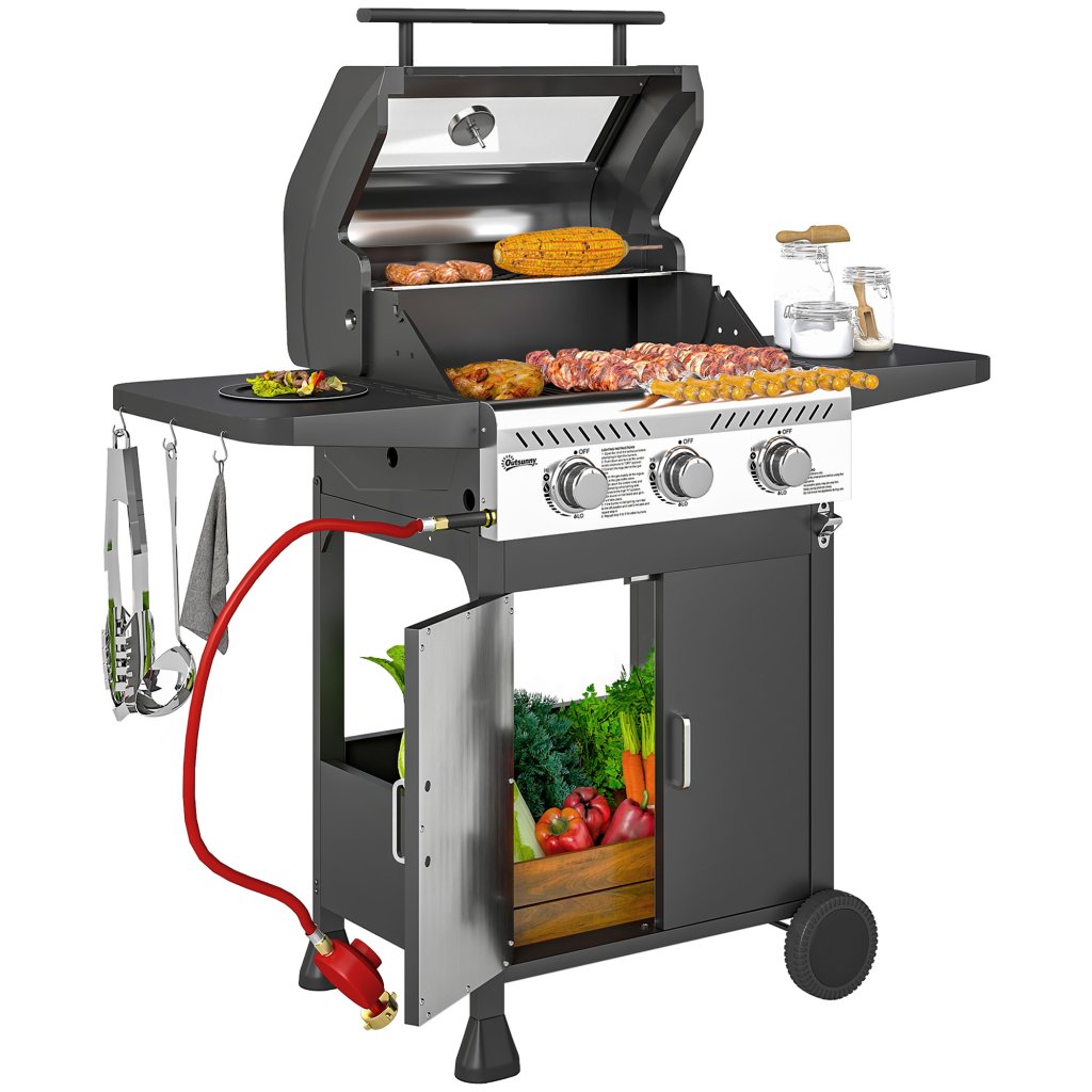 Outsunny 3-Burner Gas BBQ Grill with See-through Lid & Thermometer: Yavolo