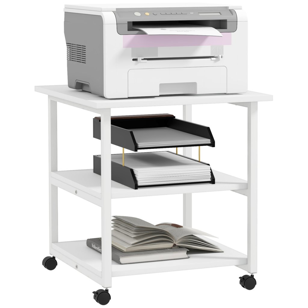 HOMCOM 3-Tier Mobile Printer Stand with Storage & Wheels – White: Yavolo