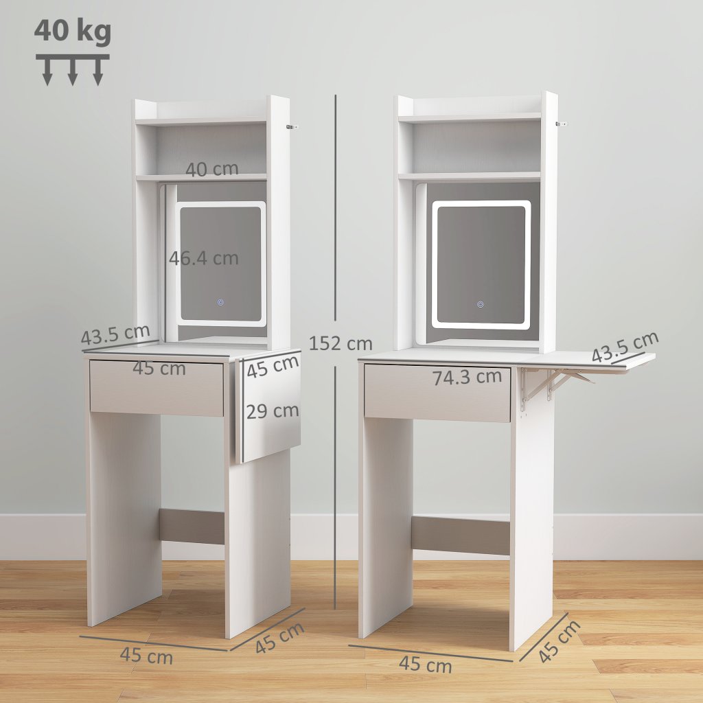 HOMCOM Compact Dressing Table with LED Mirror & Storage - White: Yavolo