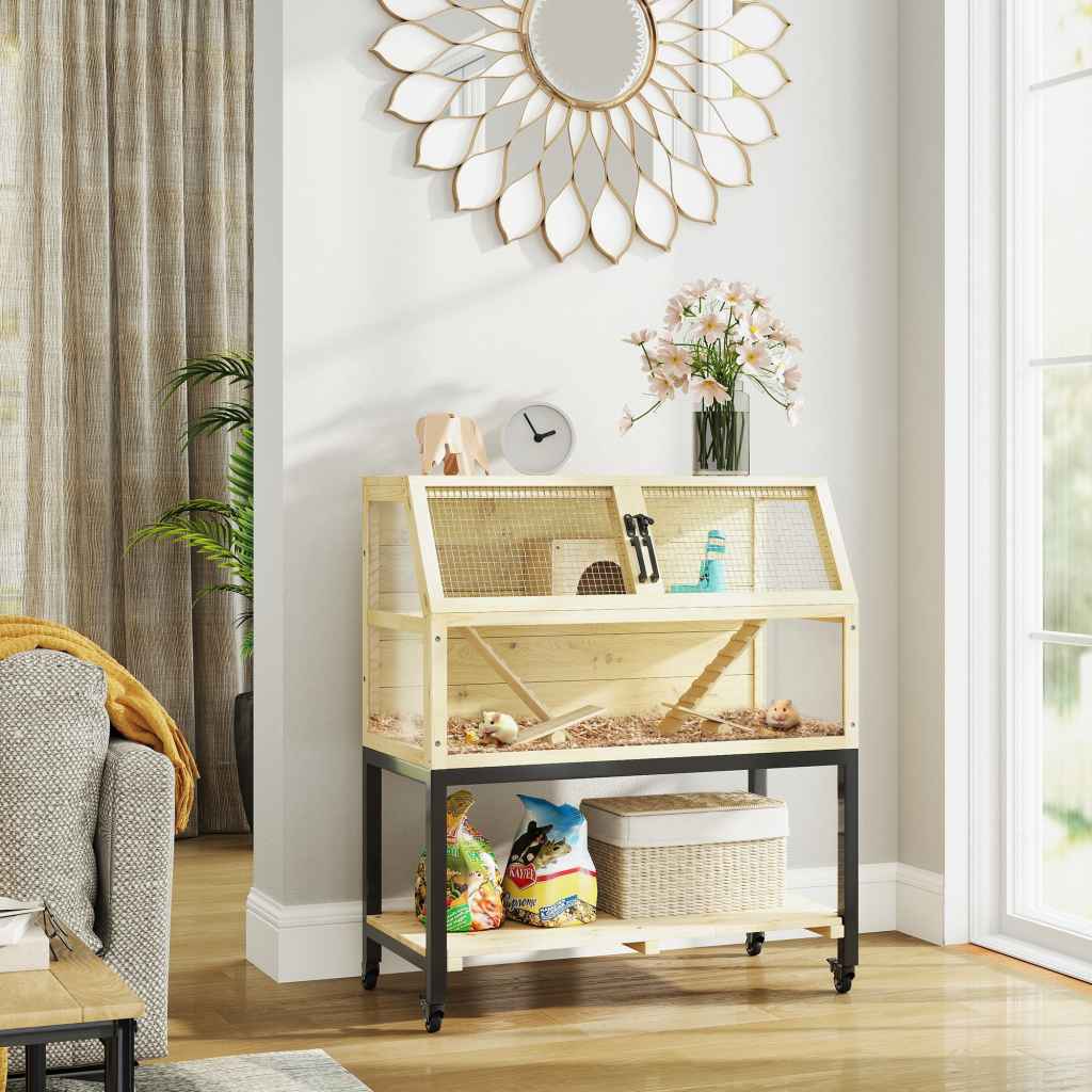 PawHut Hamster Cage, Wooden Gerbil Cage with Storage Shelf, Wheels ...