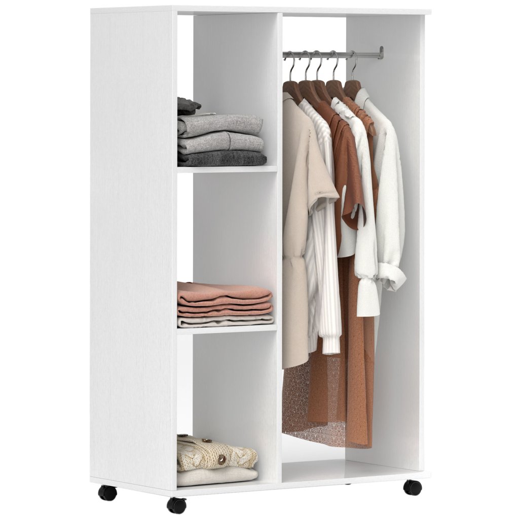 HOMCOM Mobile Open Wardrobe with Hanging Rail & Shelves - White: Yavolo