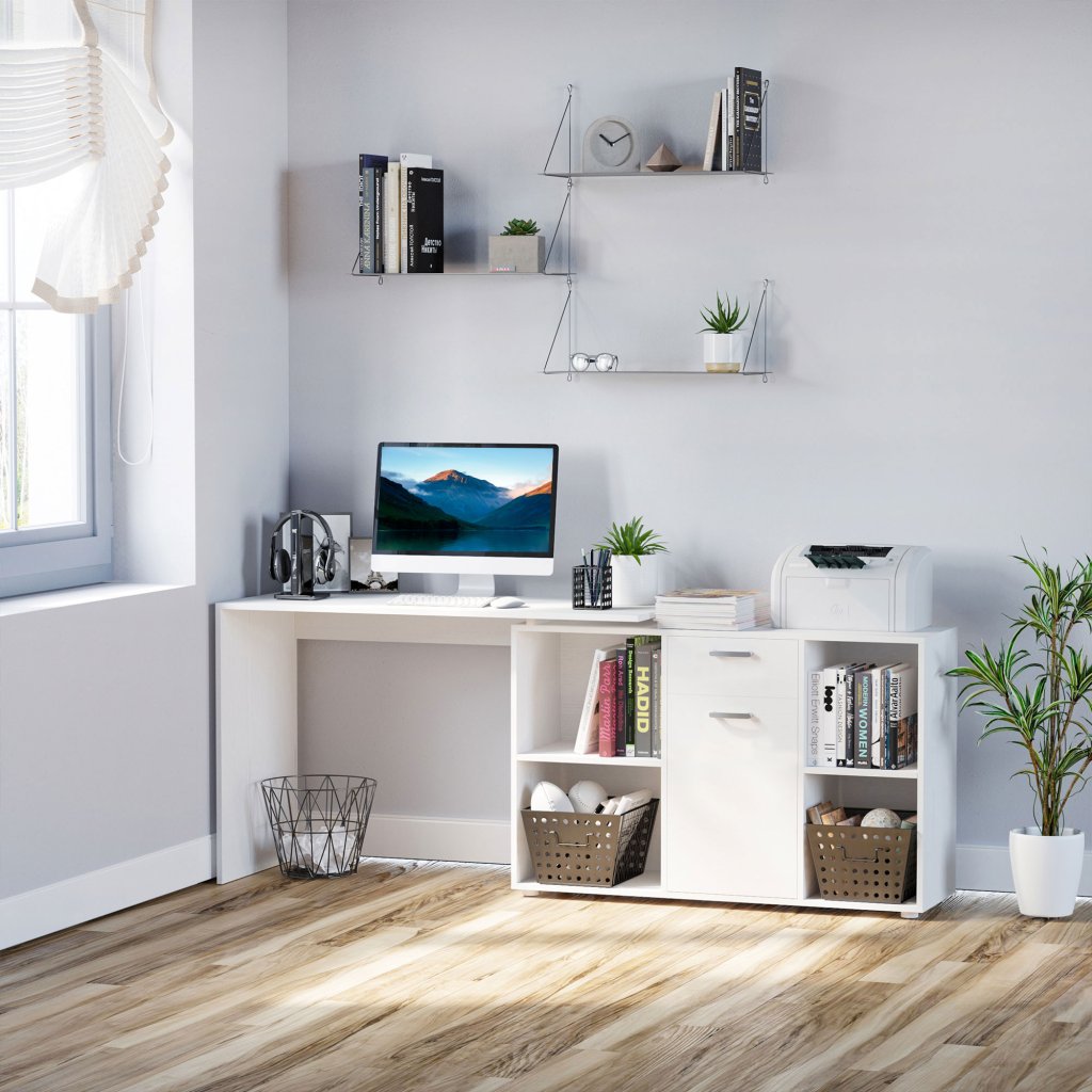 HOMCOM L-Shaped Computer Desk with Storage Compartments, Drawer and ...
