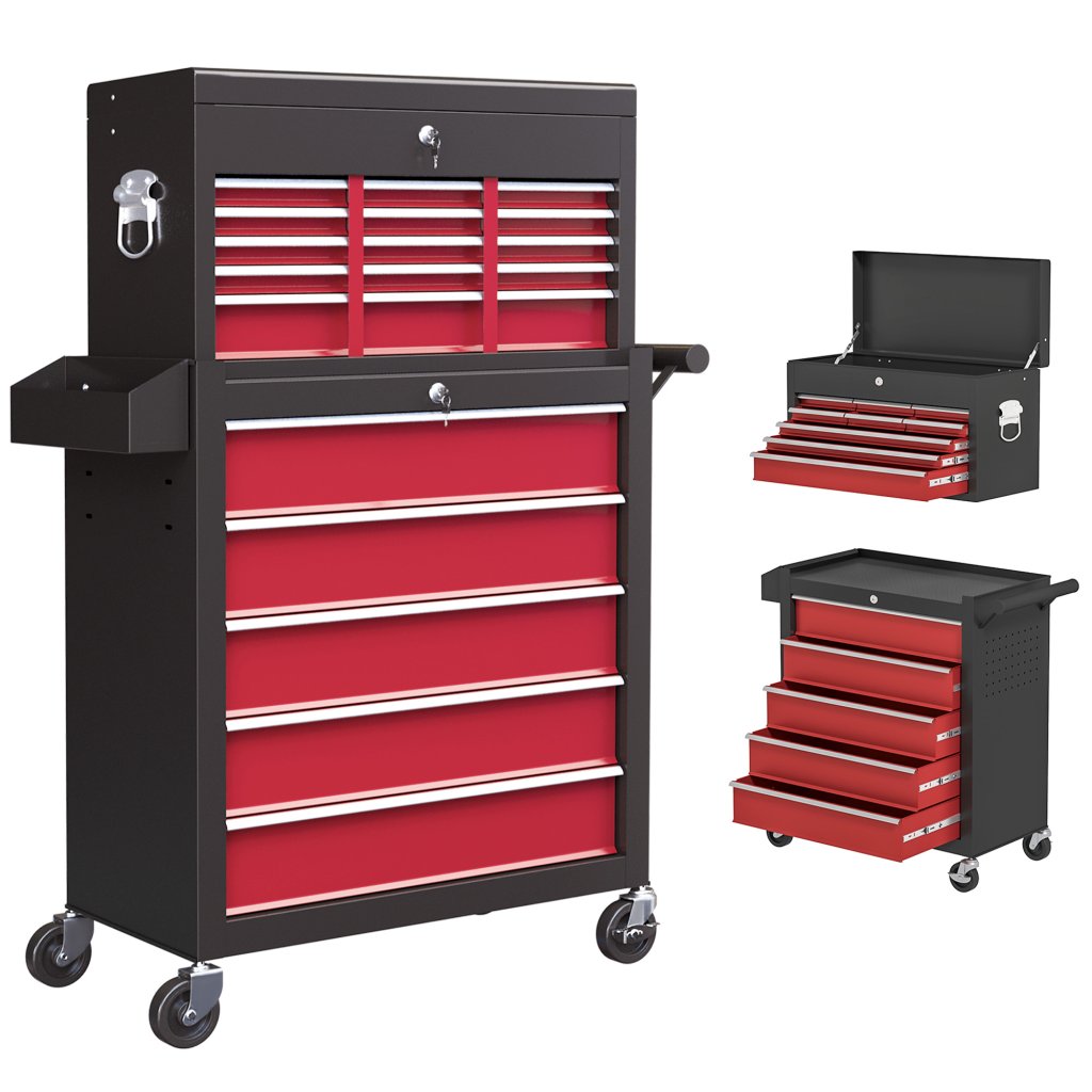 HOMCOM 2 in 1 Rolling Tool Cabinet on Wheels with 14 Drawers, Pegboard ...