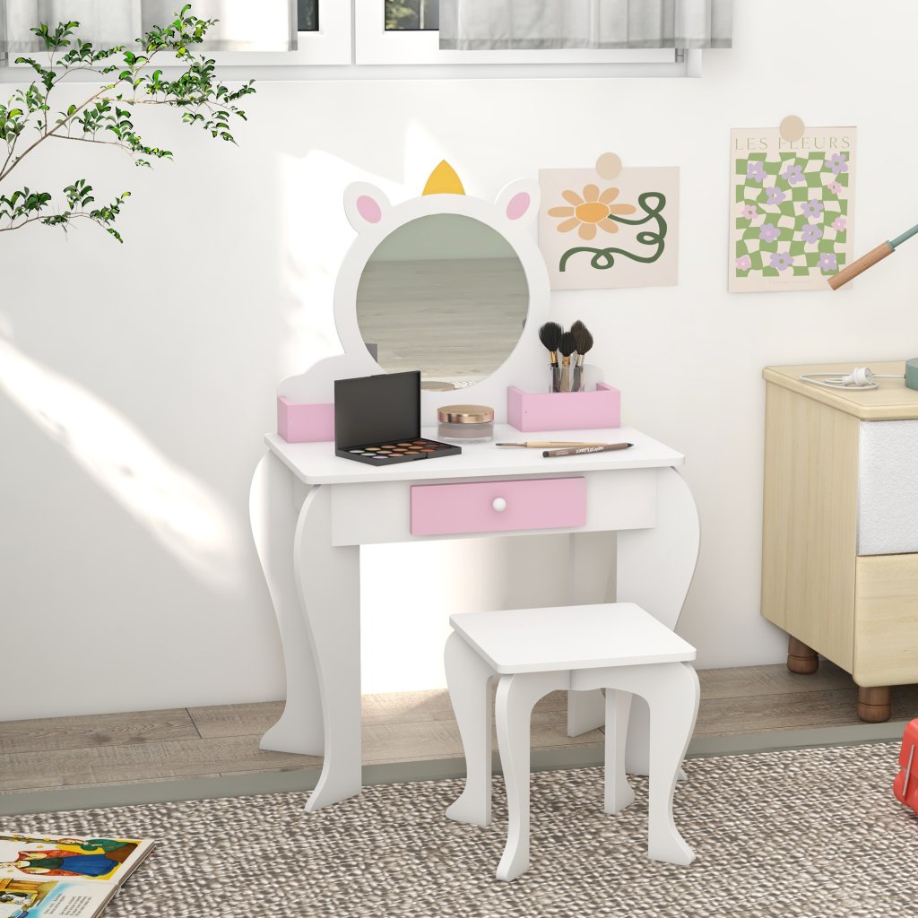 ZONEKIZ Kids Dressing Table Kids Vanity Table Girls Dressing Table with ...