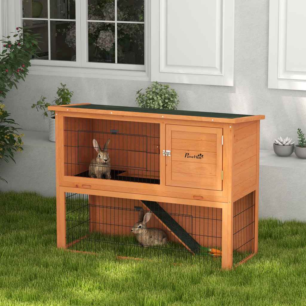PawHut Rabbit Hutch Guinea Pig Hutch Wooden with No-Leak Tray, Asphalt ...