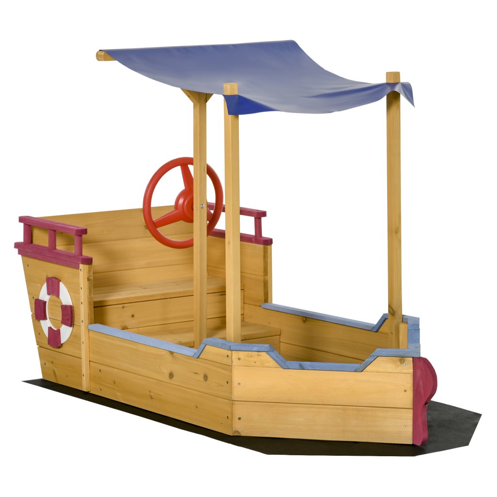 Outsunny Kids Wooden Pirate Ship Sandbox with Canopy & Storage: Yavolo
