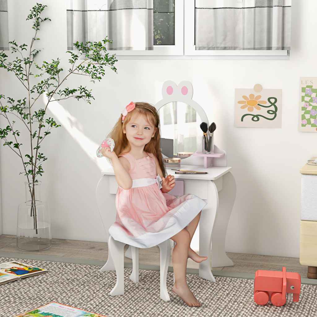 ZONEKIZ Kids Dressing Table with Mirror and Stool , Kids Vanity Table ...