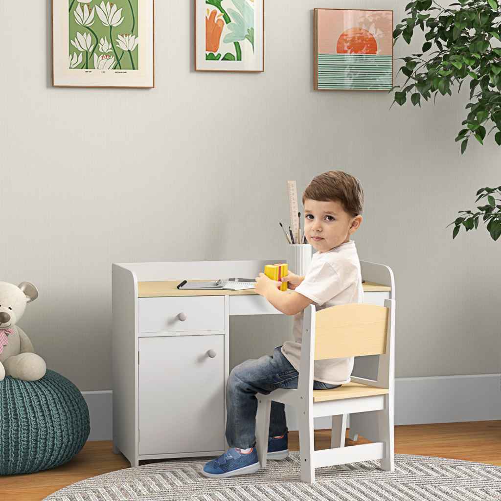 ZONEKIZ Kids Desk and Chair Set Ages 3-6 with Storage - White: Yavolo