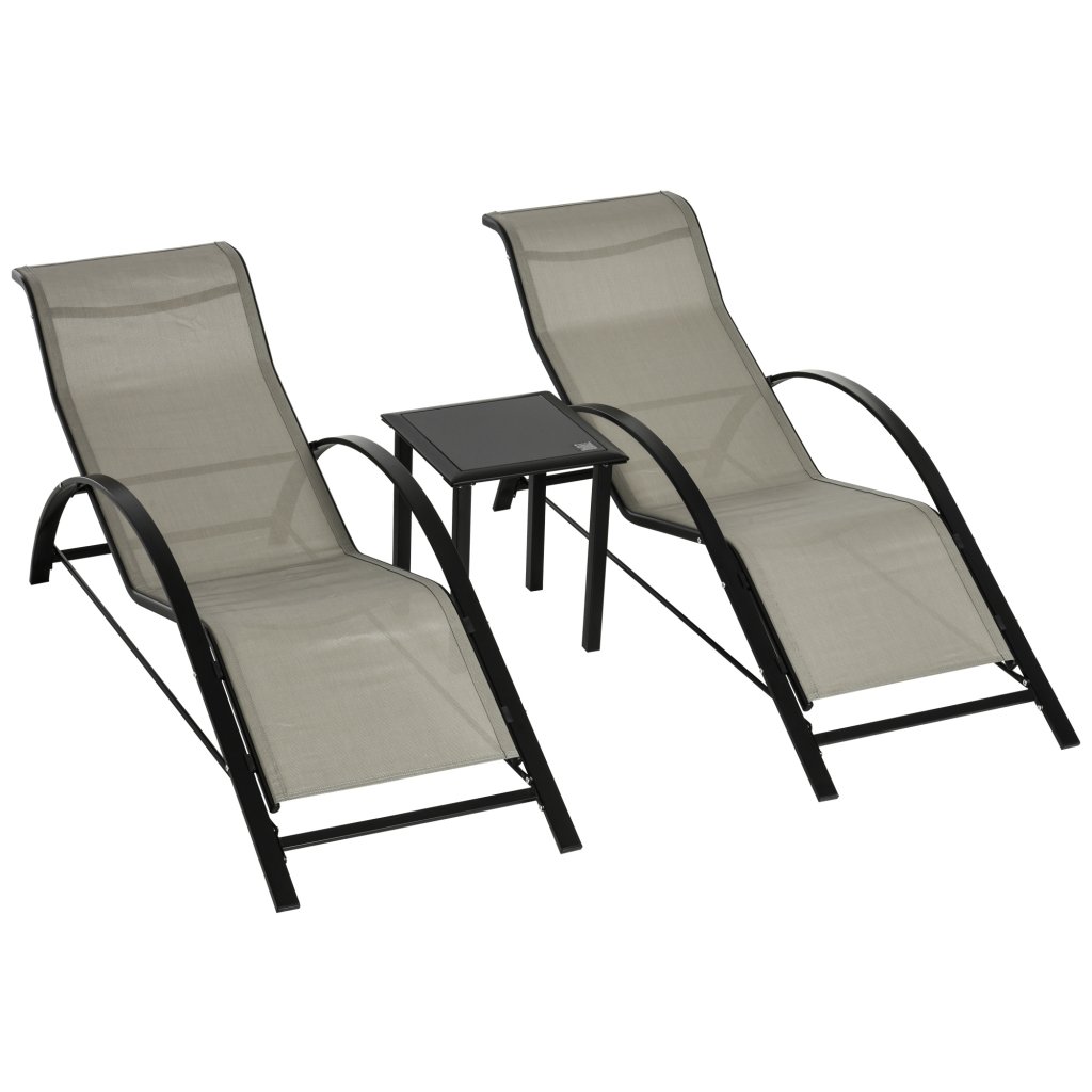 Outsunny 3-Piece Grey Metal Garden Sun Lounger Set with Table: Yavolo