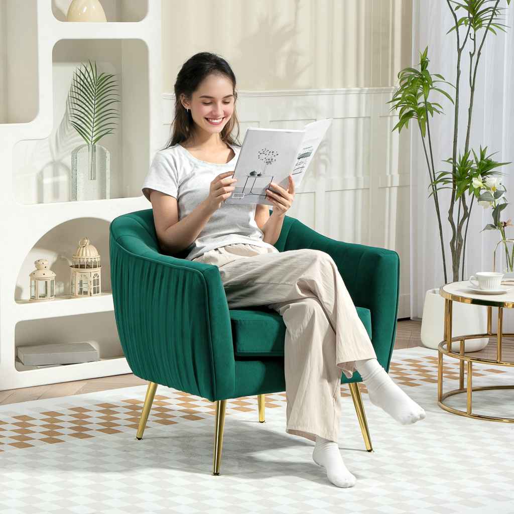 HOMCOM Velvet Tub Chair - Green Luxury Accent with Golden Legs: Yavolo