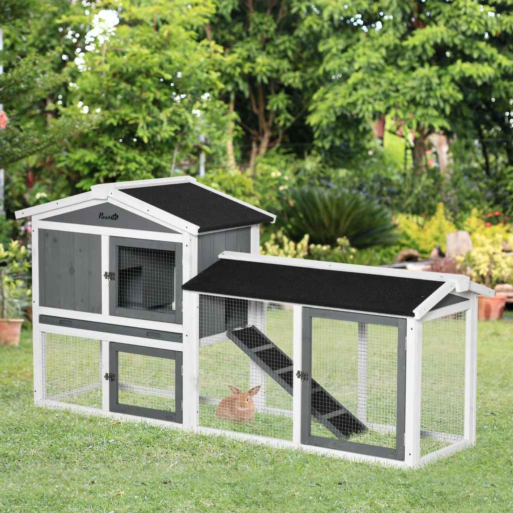 PawHut Rabbit Hutch Outdoor, 2-Tier Guinea Pig Hutch, Wooden Small ...