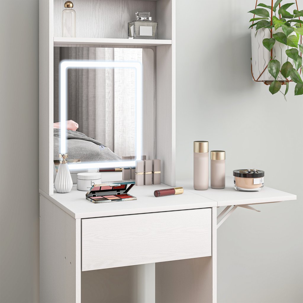 HOMCOM Compact Dressing Table with LED Mirror & Storage - White: Yavolo