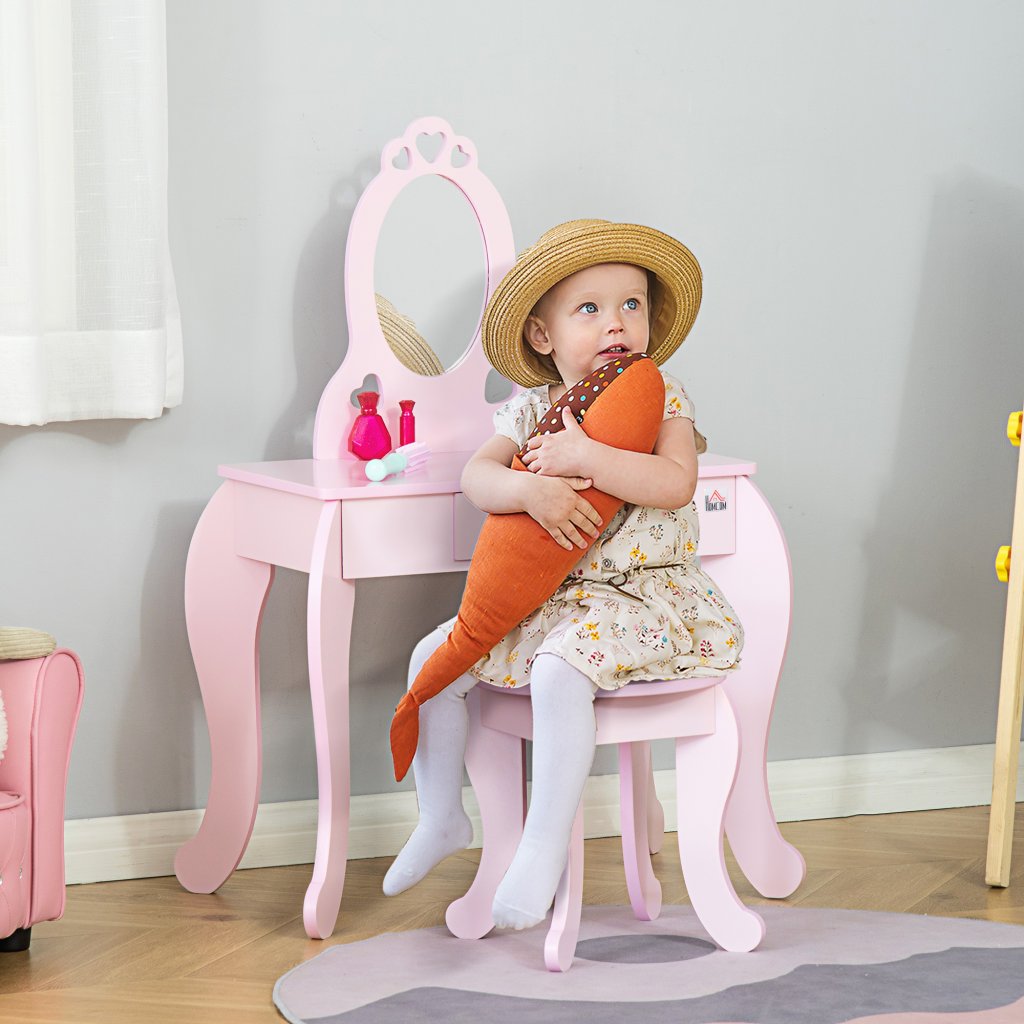 HOMCOM Kids Vanity Table & Stool Girls Dressing Set Make Up Desk Chair ...