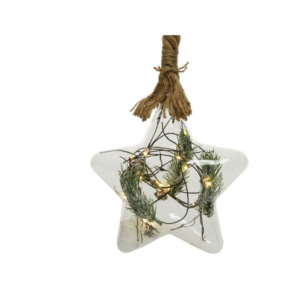 Pre-Lit Star-Shaped Glass Bauble with Snowy Pine and Jute Rope ...