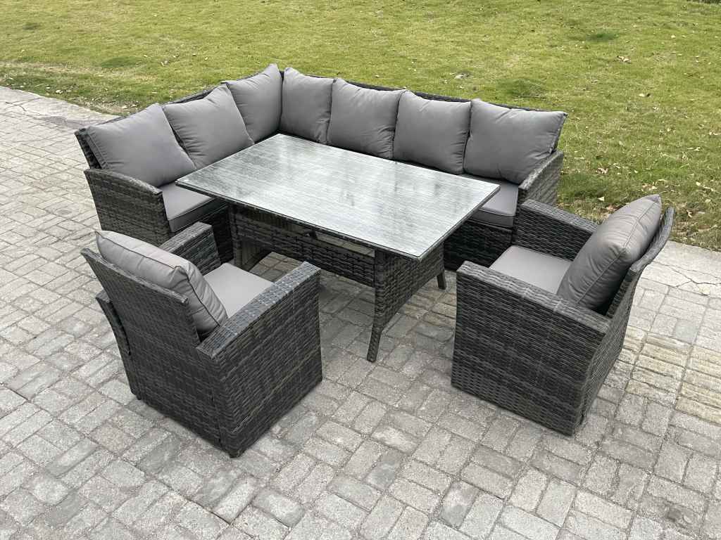 8 Seater Rattan Garden Furniture Set with Table and Armchairs - Dark ...
