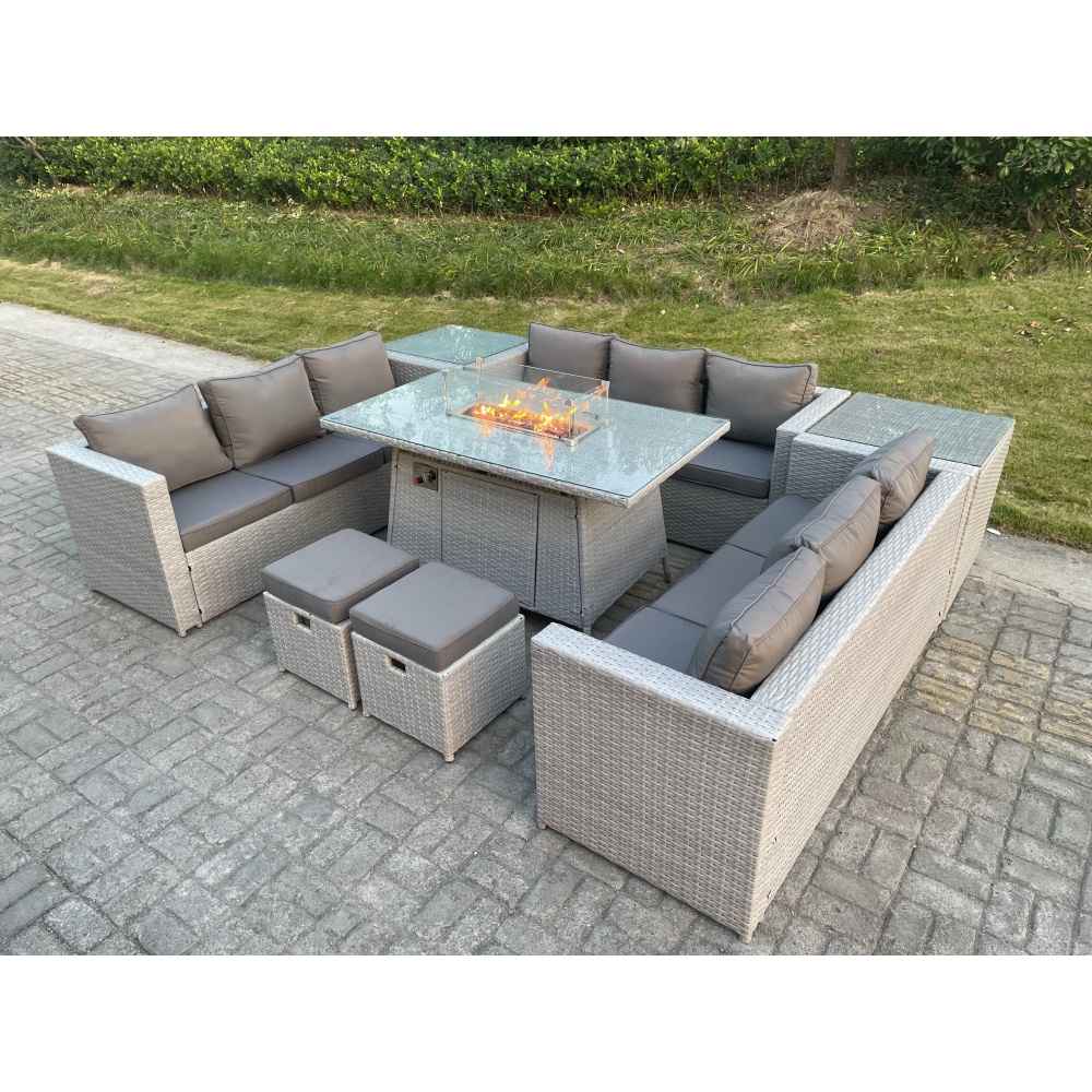 Fimous Light Grey U-Shape Lounge Set with Gas Fire Pit & Coffee Tables ...